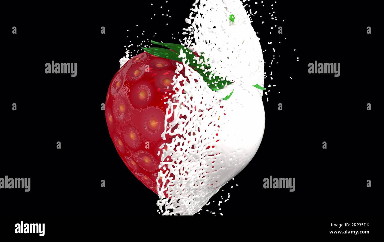 Fresh red strawberry with milk drop on transparent back Super slow ...