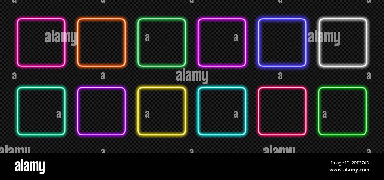 Neon frame square set. Glowing coloful rounded rectangle borders. Geometric shape action button ...
