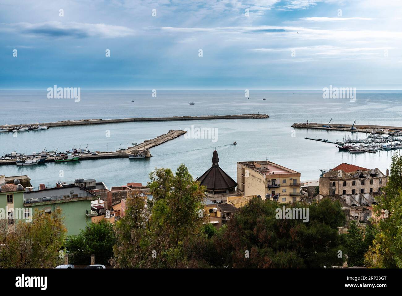 Elevated view of the port of Sciacca, fishing village in Sicily, Italy ...