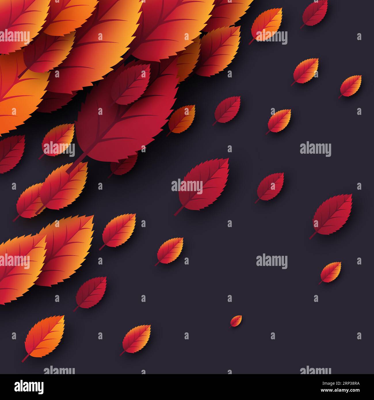 3d realistic autumn fall leaves. Autumnal background in dark colors ...