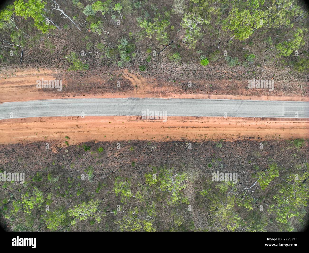 Top down aerial road shot of outbackroad with orange ground and trees ...