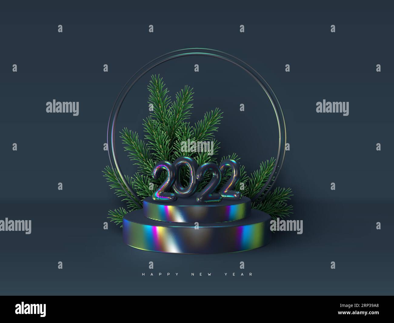 2022 New Year sign. Scene with 3d metallic iridescent numbers on the podium and fir branches ...