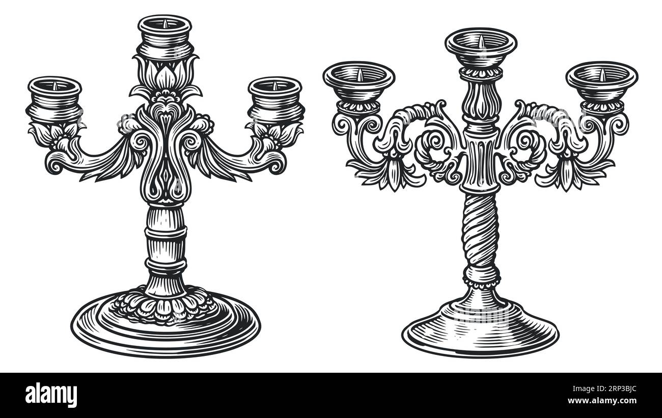 Old candlestick for candles. Engraving style lighting chandelier. Sketch vintage vector ...