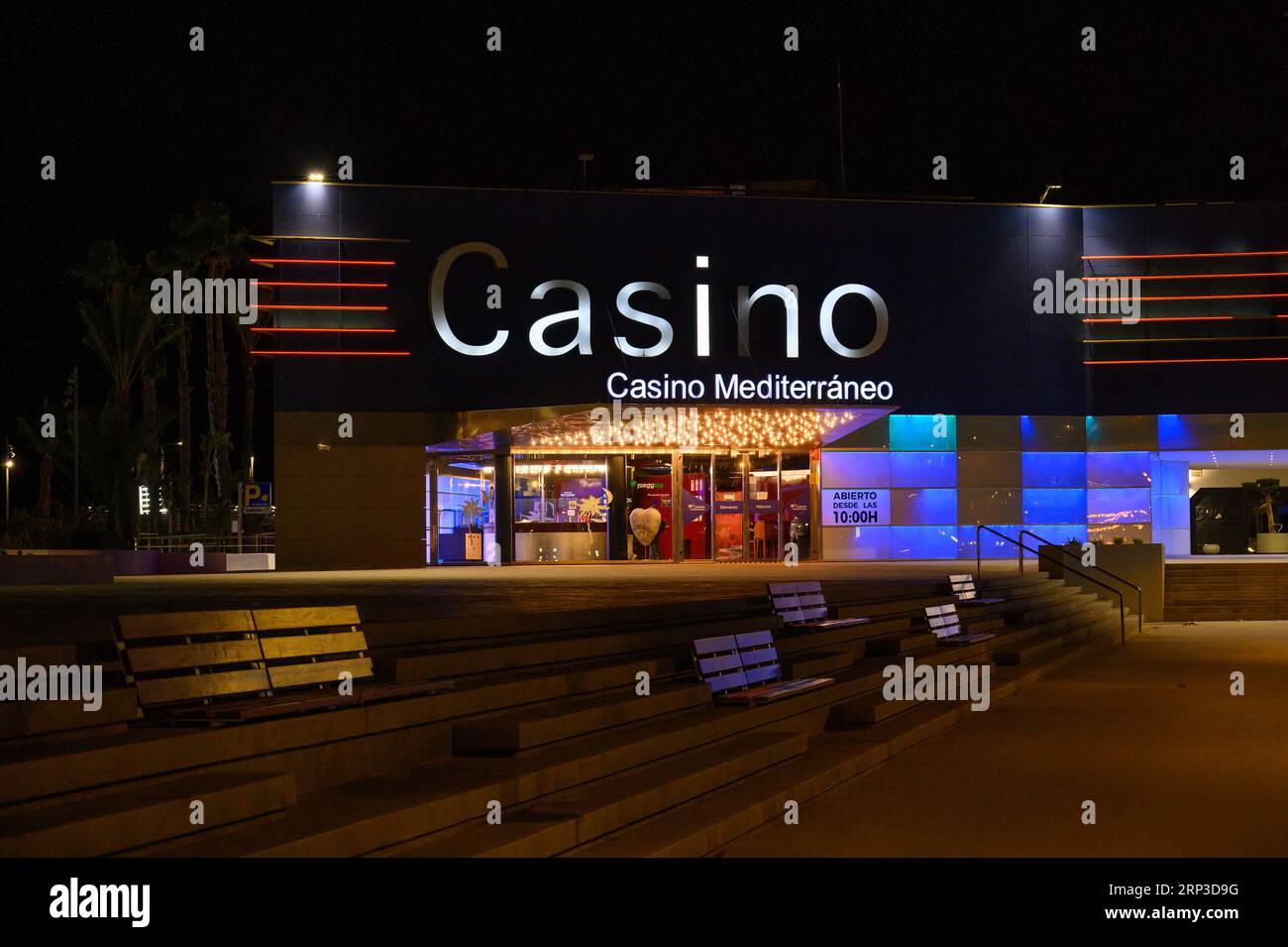 Alicante, Spain, illuminated entrance and facade of the Casino building ...