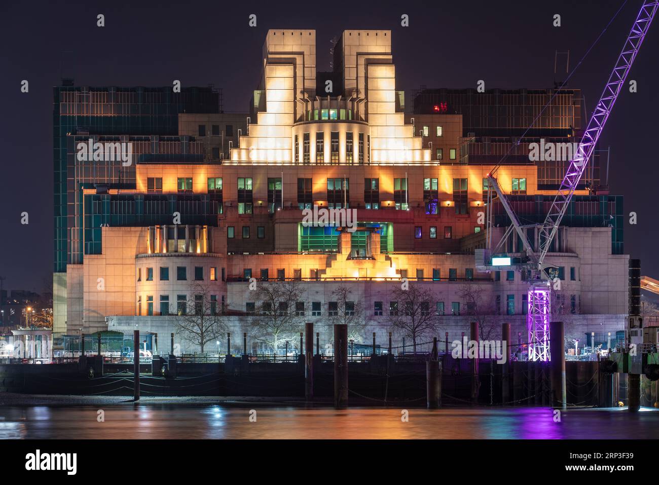 This is a night view of the MI6 building, a famous government landmark ...