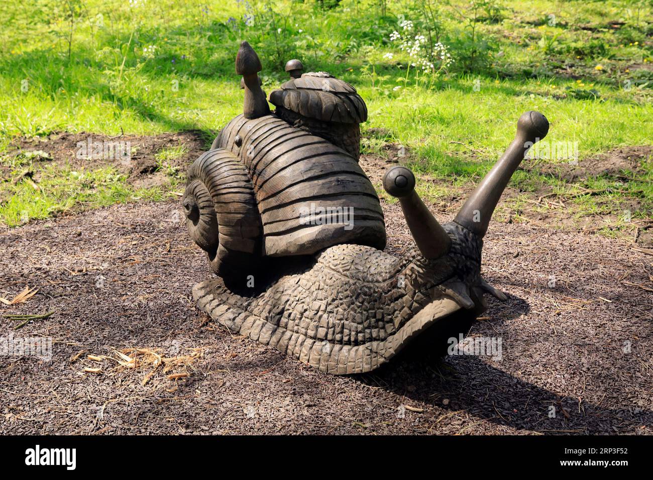 Carved wooden model of a giant snail. Cooper's Field, Bute Park ...