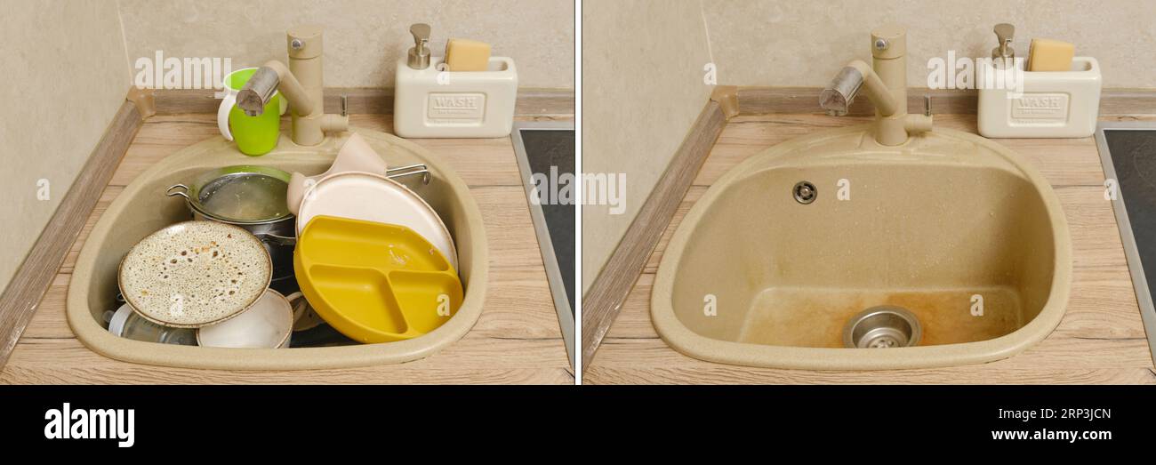 Sink in the kitchen with dirty dishes before and after washing ...