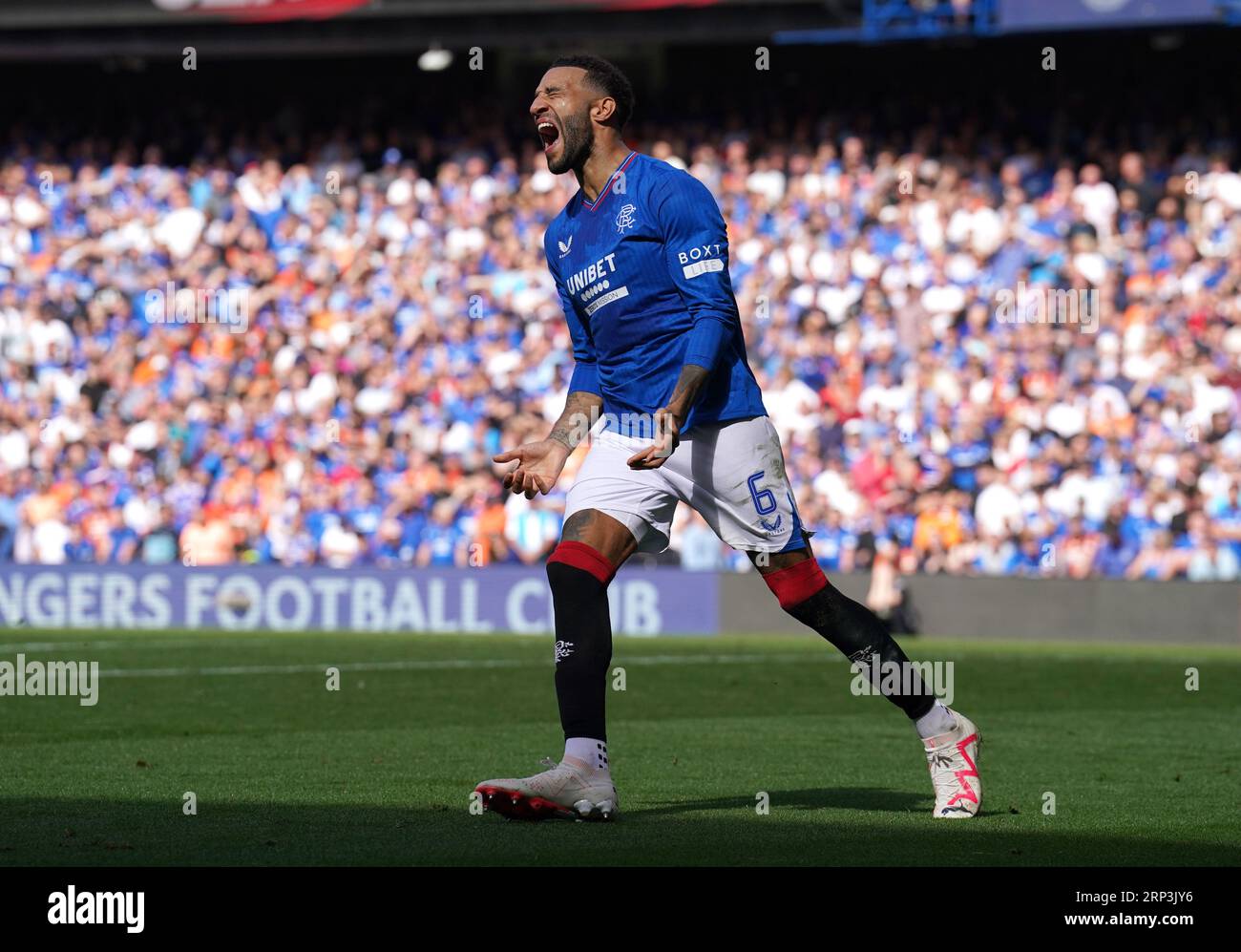 Rangers' Connor Goldson reacts after heading over the bar during the ...