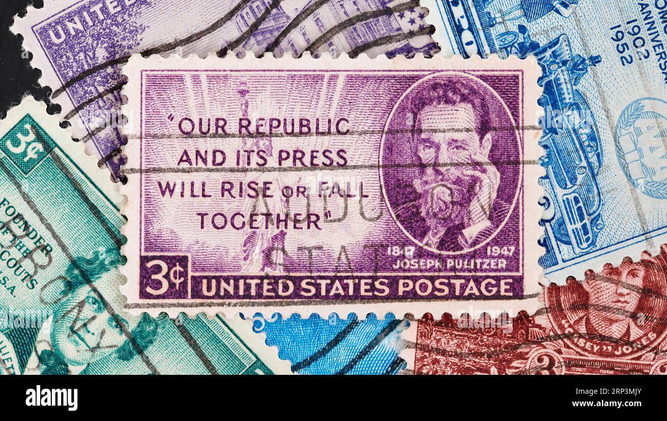 Madrid, Spain; 08-13-2023: Postage stamp of the USA commemorating the ...