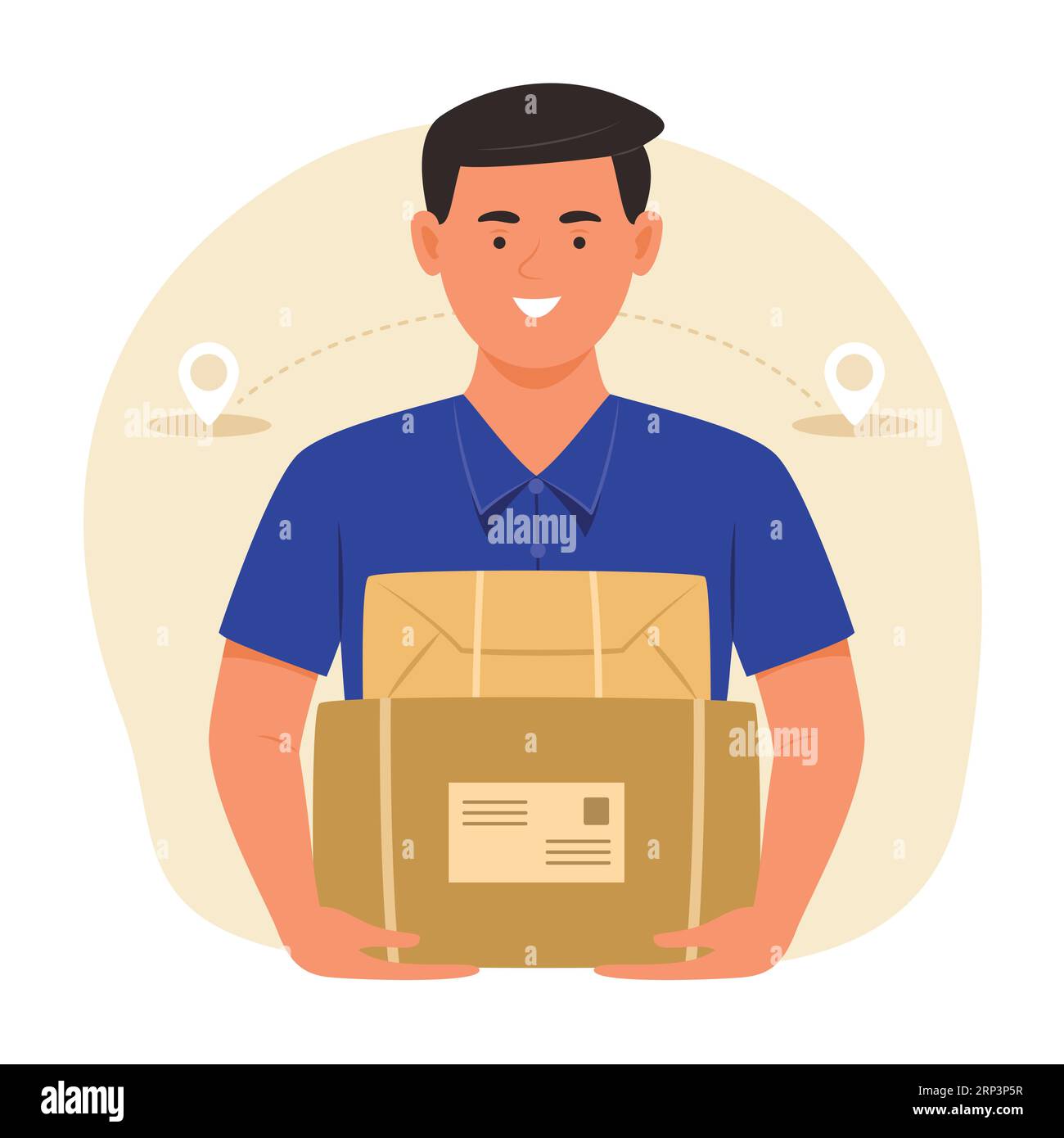 Delivery Man Holding the Parcel Boxes with Location Icons on Background ...