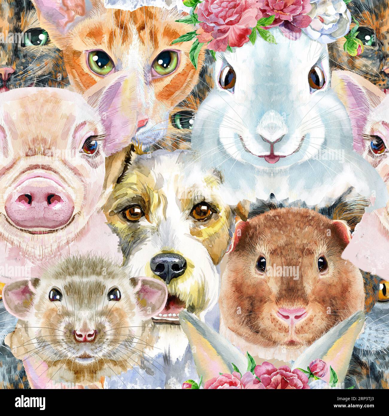 Seamless pattern of of dog, guinea pig, cat, mini pig, rabbit and rat ...