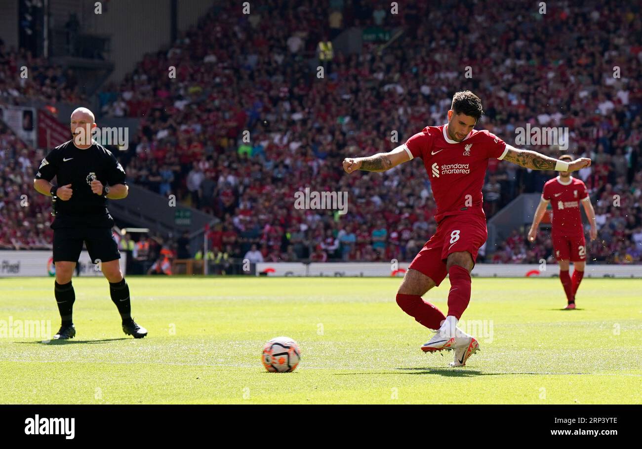 Liverpool, UK. 3rd Sep, 2023. Dominik Szoboszlai of Liverpool scoring ...