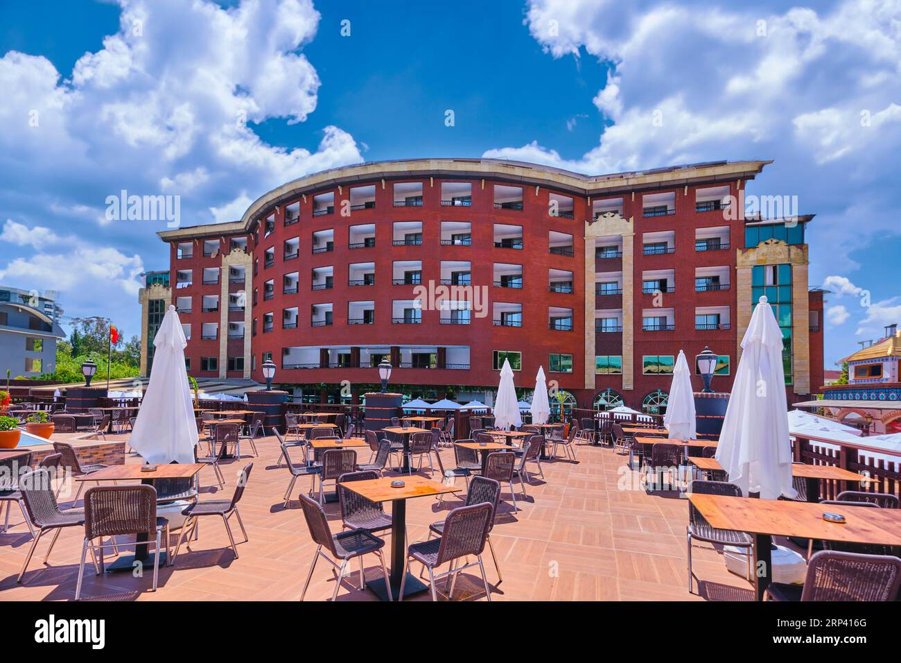 beautiful drone shot of a hotel's pool and water slides. water park of ...