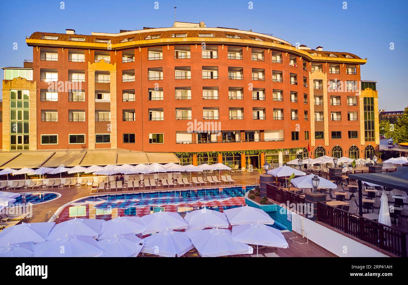 beautiful drone shot of a hotel's pool and water slides. water park of ...