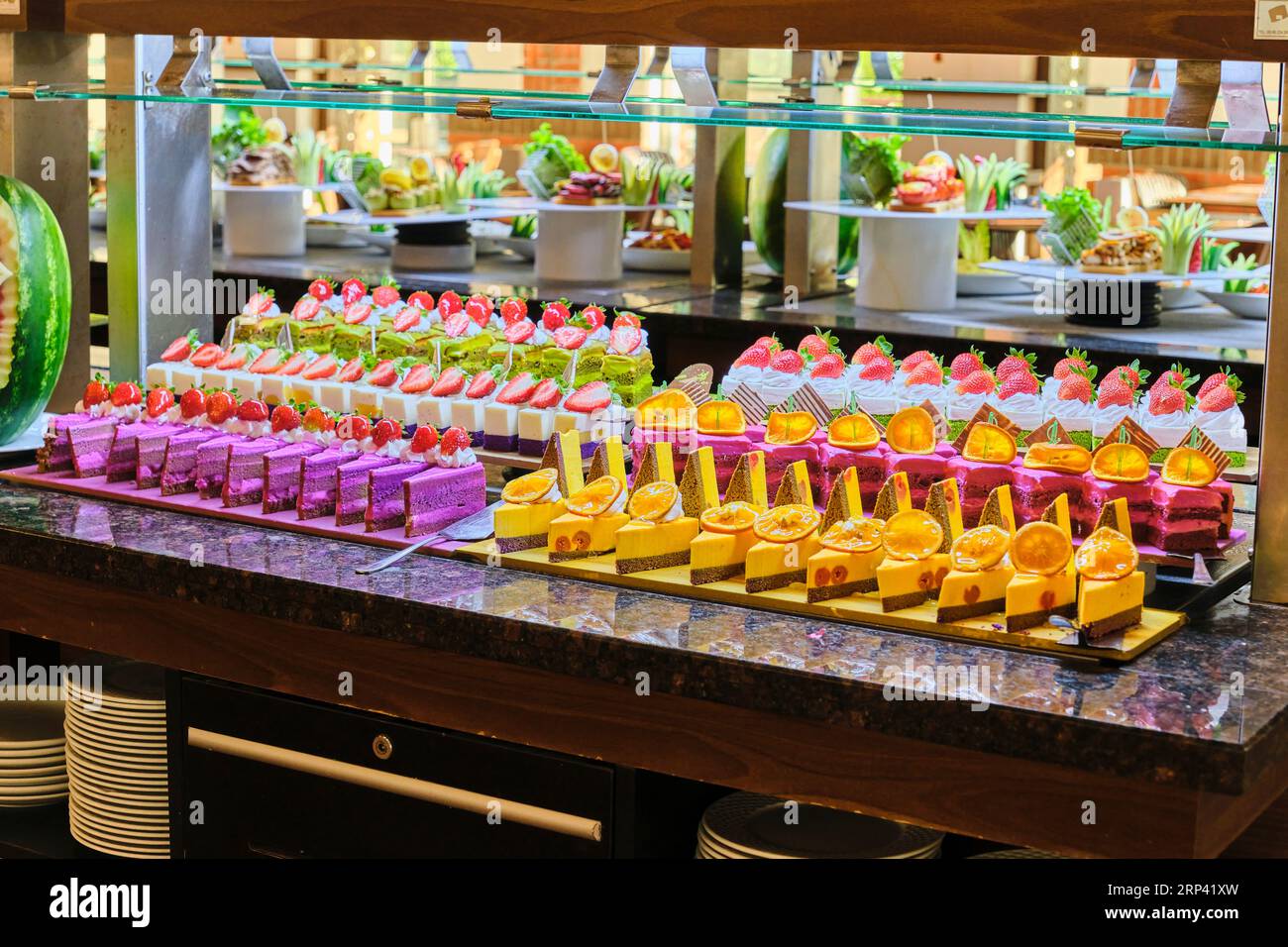 Self-service food court of a luxurious hotel. lounge of a nice hotel ...