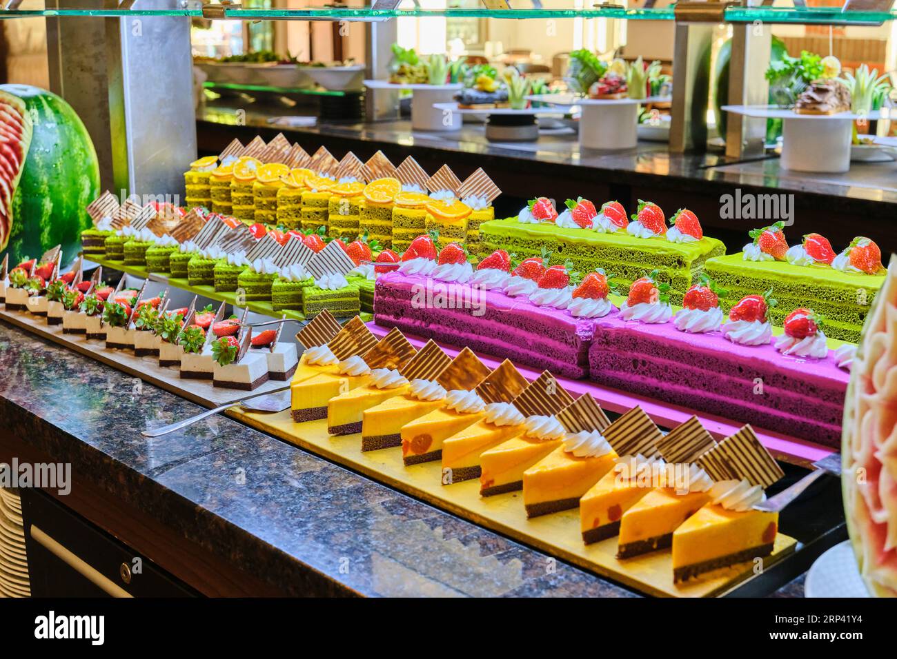 Self-service food court of a luxurious hotel. lounge of a nice hotel ...