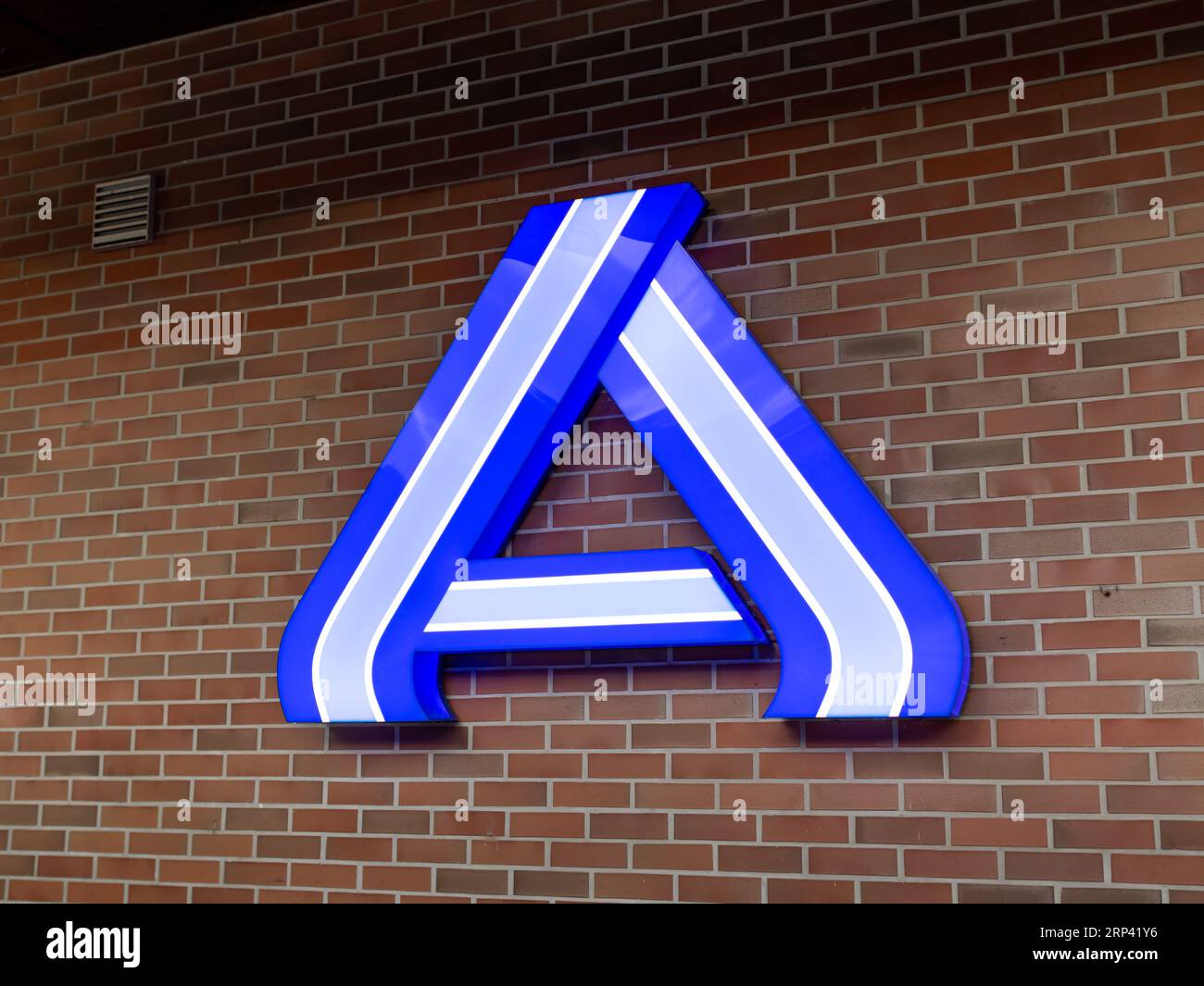 Aldi Nord logo sign on a brick wall of a supermarket. The big letter A ...