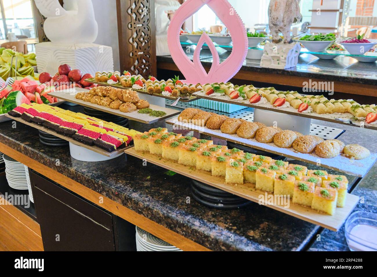 Self-service food court of a luxurious hotel. lounge of a nice hotel ...