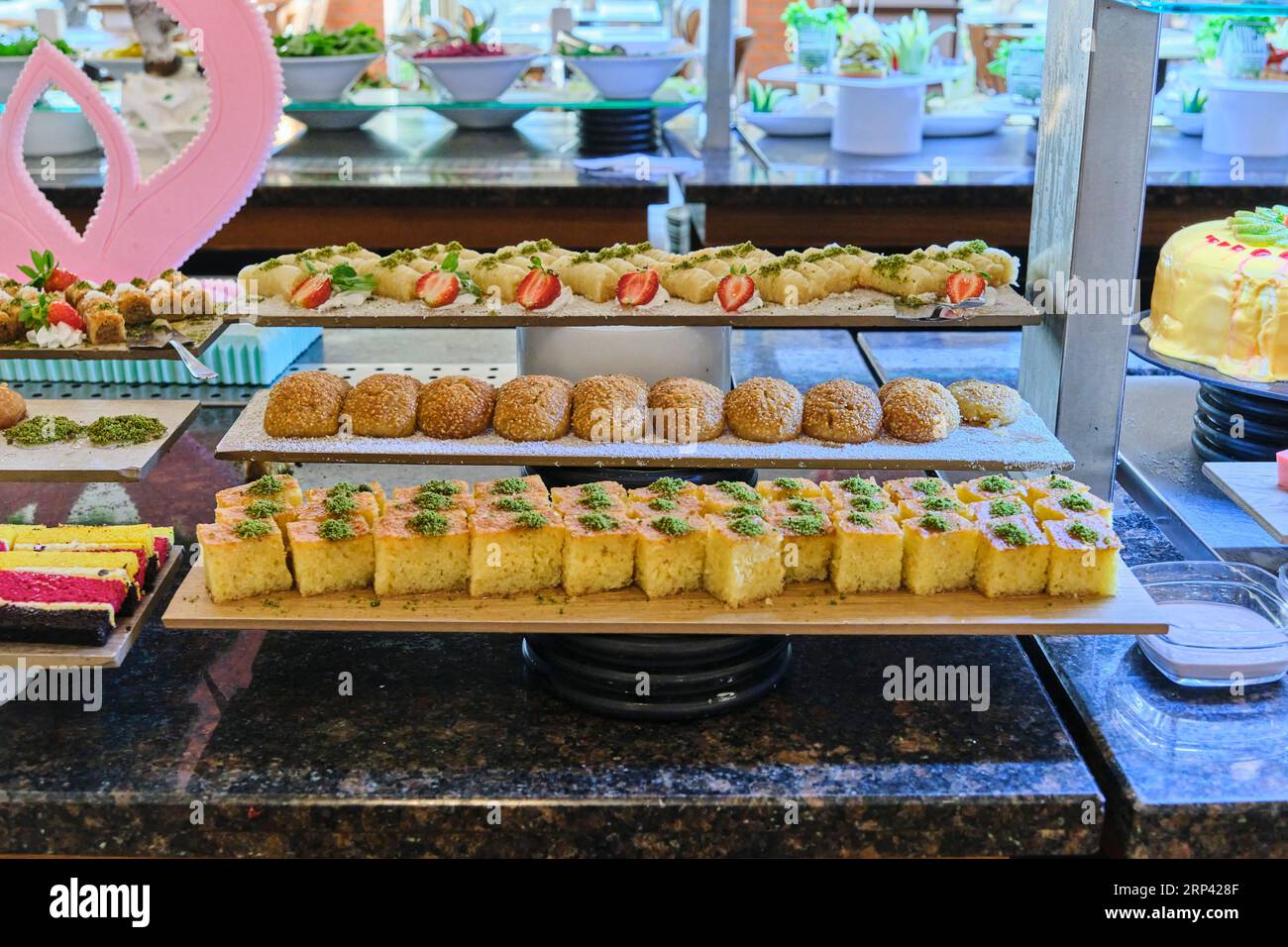 Self-service food court of a luxurious hotel. lounge of a nice hotel ...