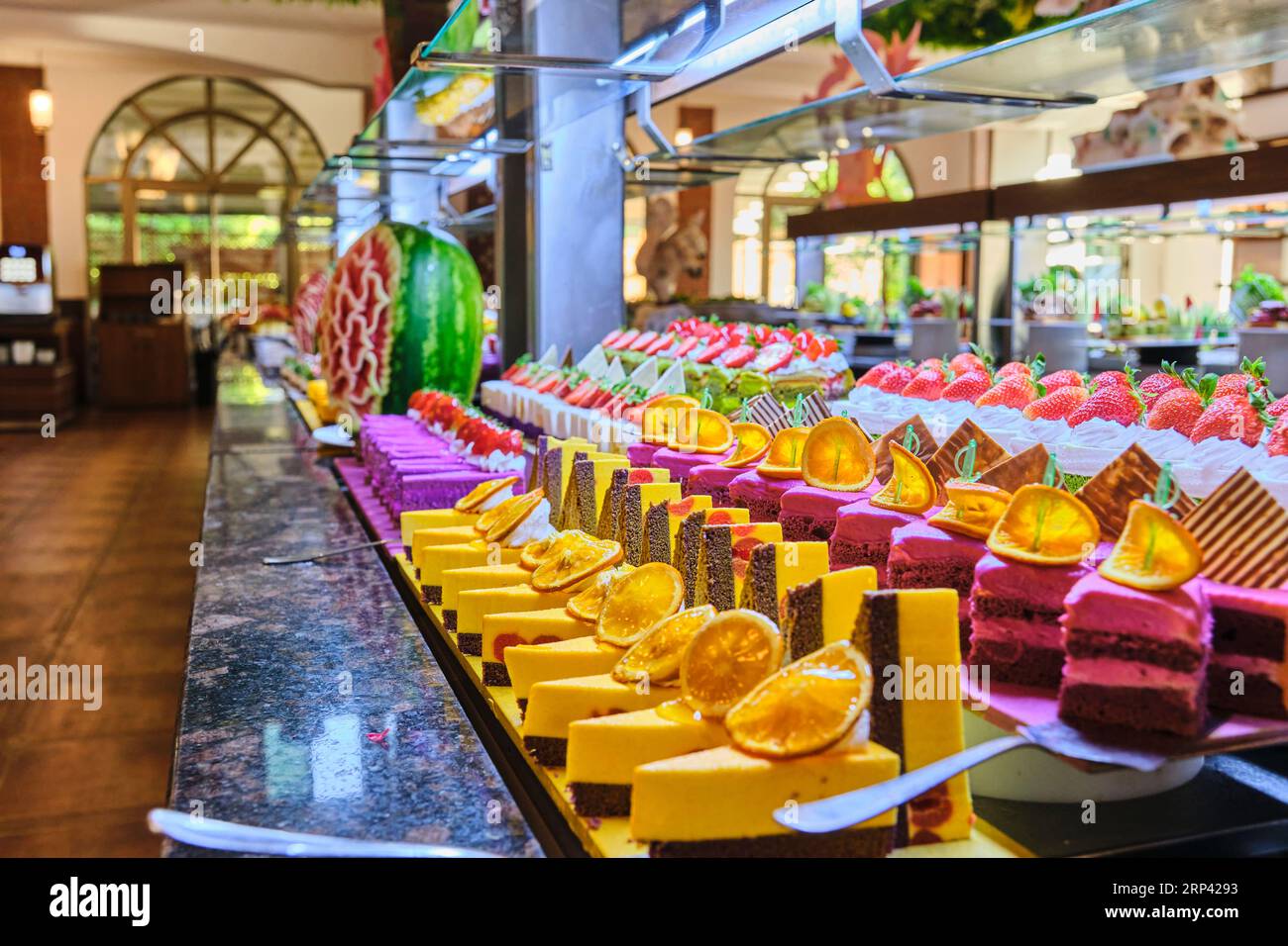 Self-service food court of a luxurious hotel. lounge of a nice hotel ...