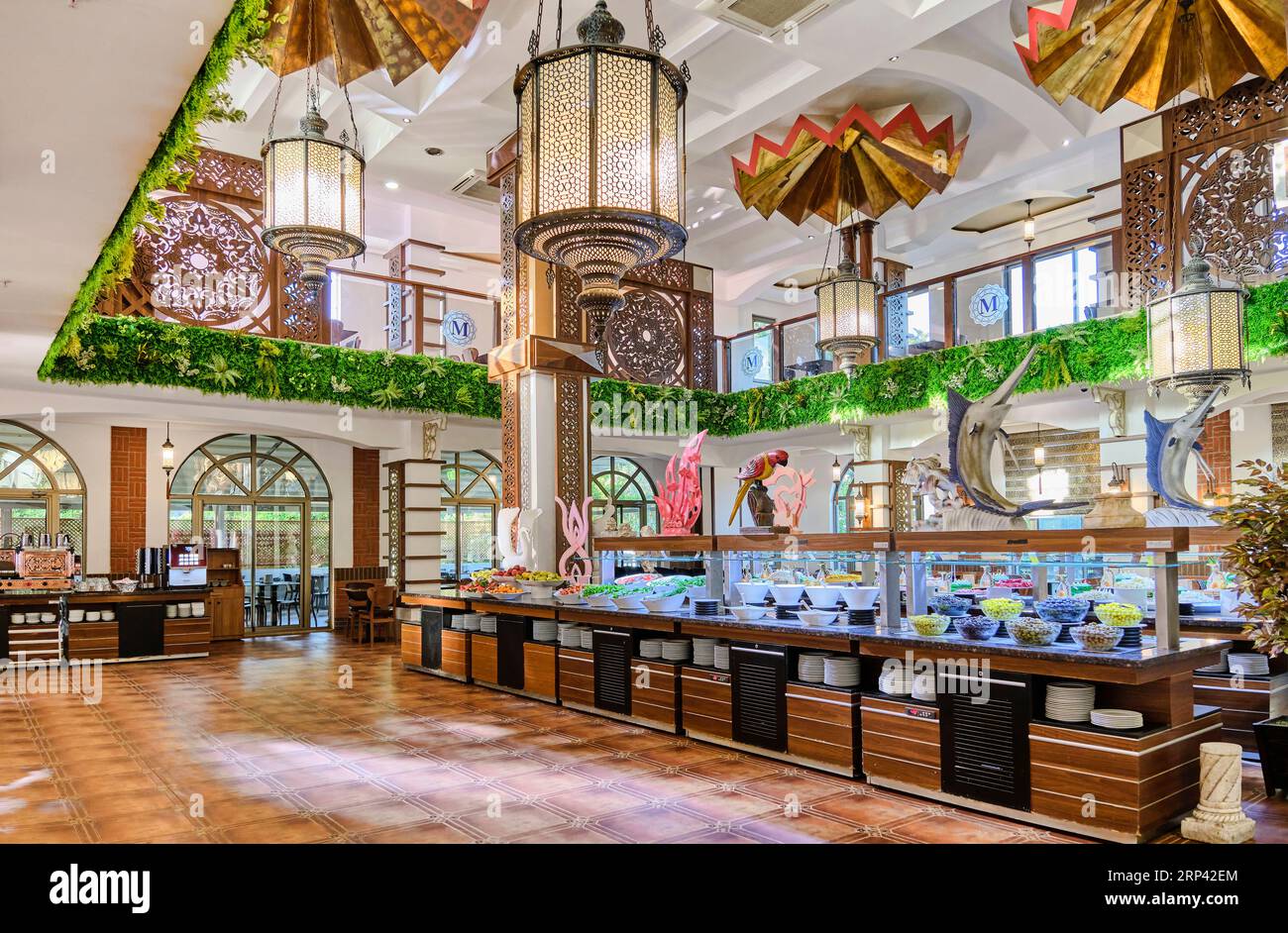 Self-service food court of a luxurious hotel. lounge of a nice hotel ...