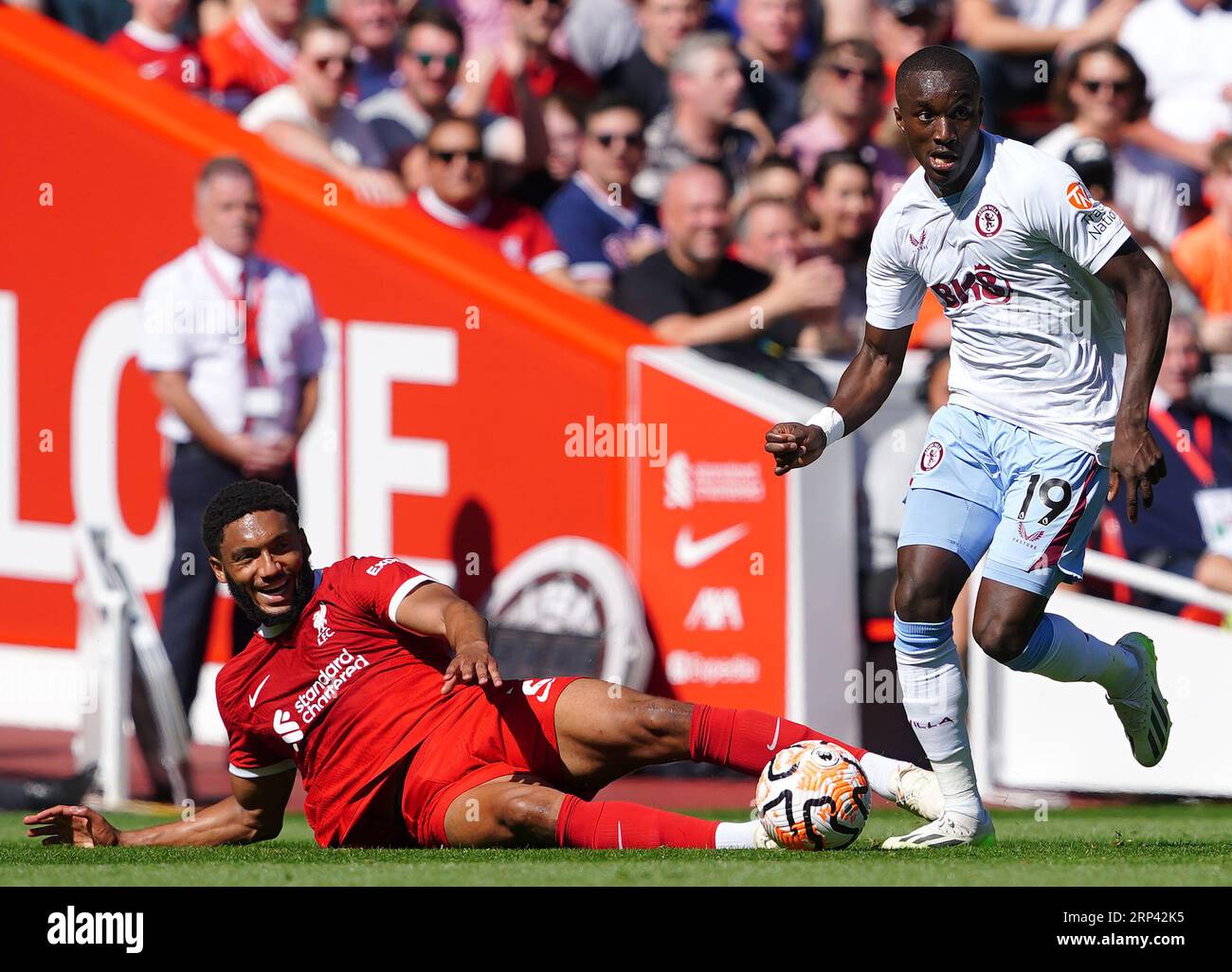 Liverpool's Joe Gomez challenges Aston Villa's Moussa Diaby during the ...