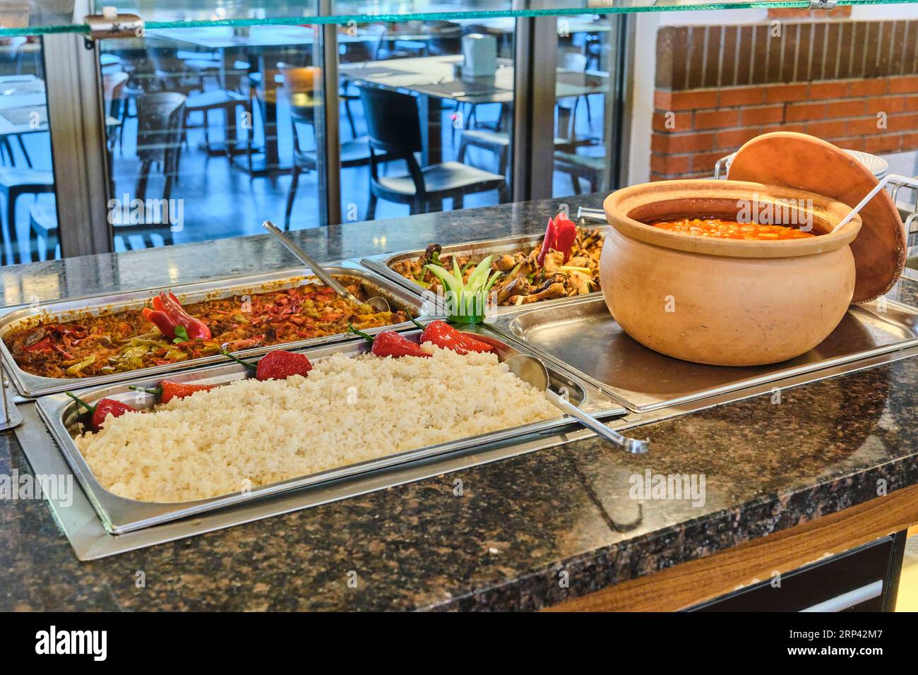 Self-service food court of a luxurious hotel. lounge of a nice hotel ...