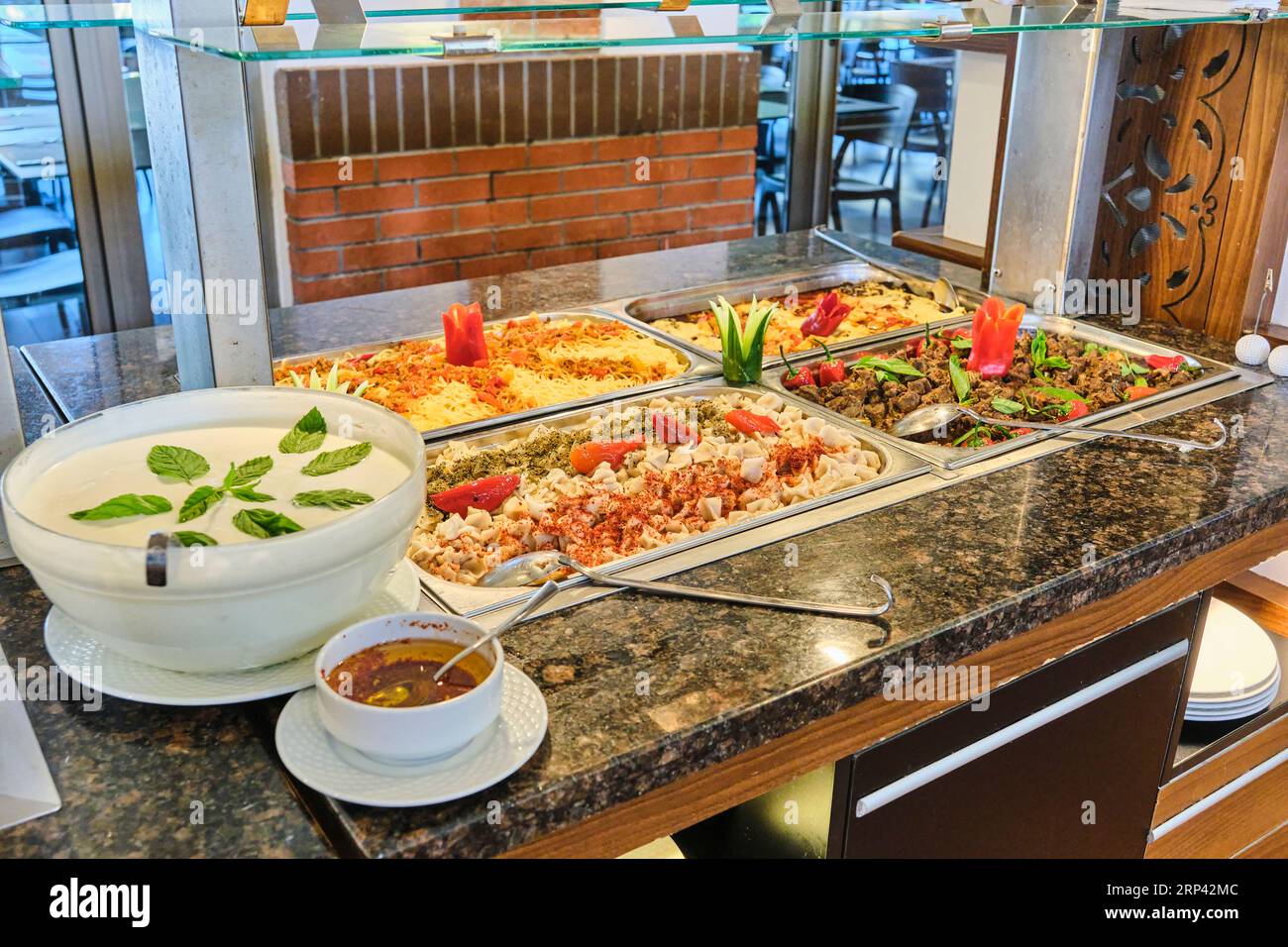 Self-service food court of a luxurious hotel. lounge of a nice hotel ...