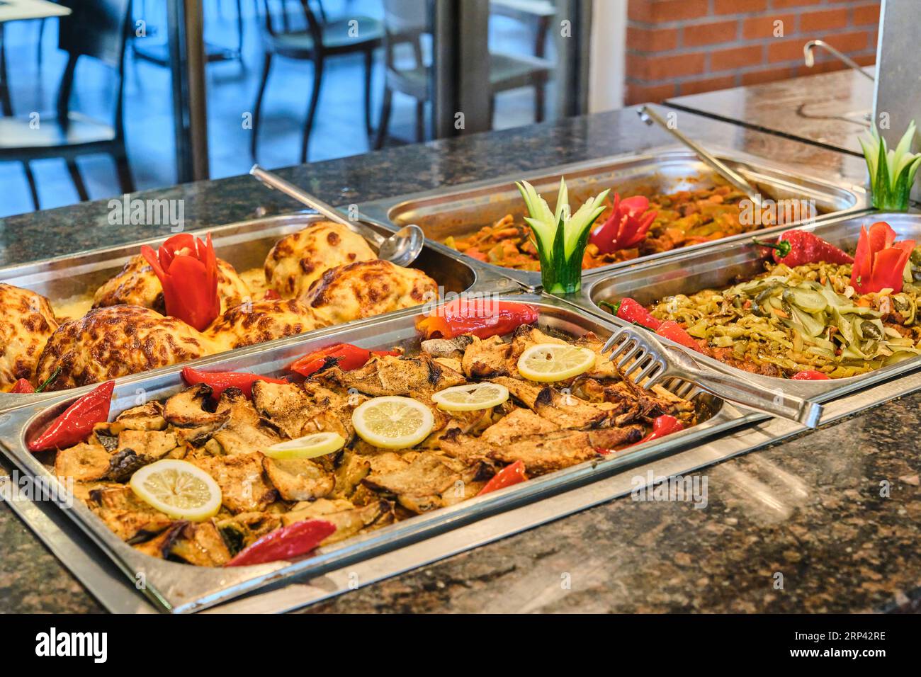 Self-service food court of a luxurious hotel. lounge of a nice hotel ...