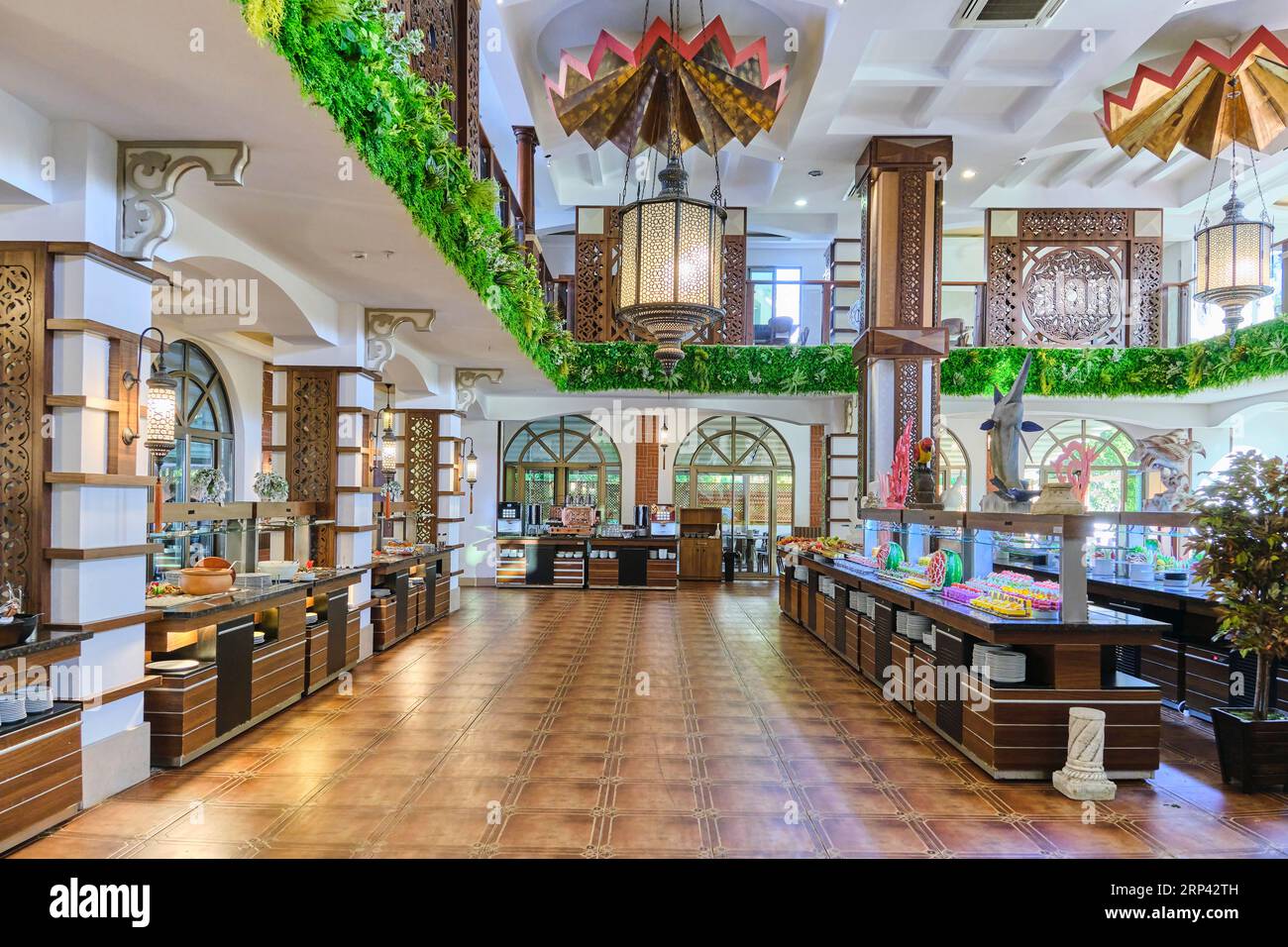 Self-service food court of a luxurious hotel. lounge of a nice hotel ...