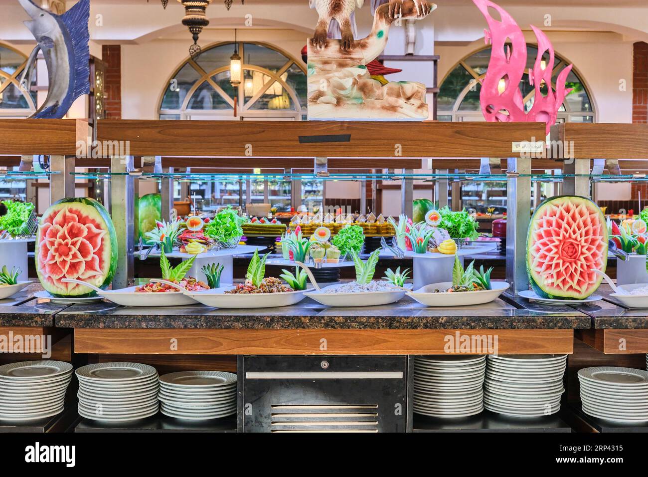 Self-service food court of a luxurious hotel. lounge of a nice hotel ...