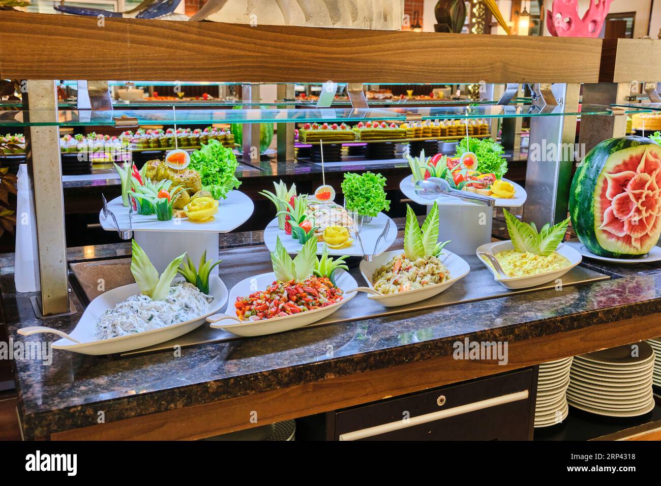 Self-service food court of a luxurious hotel. lounge of a nice hotel ...