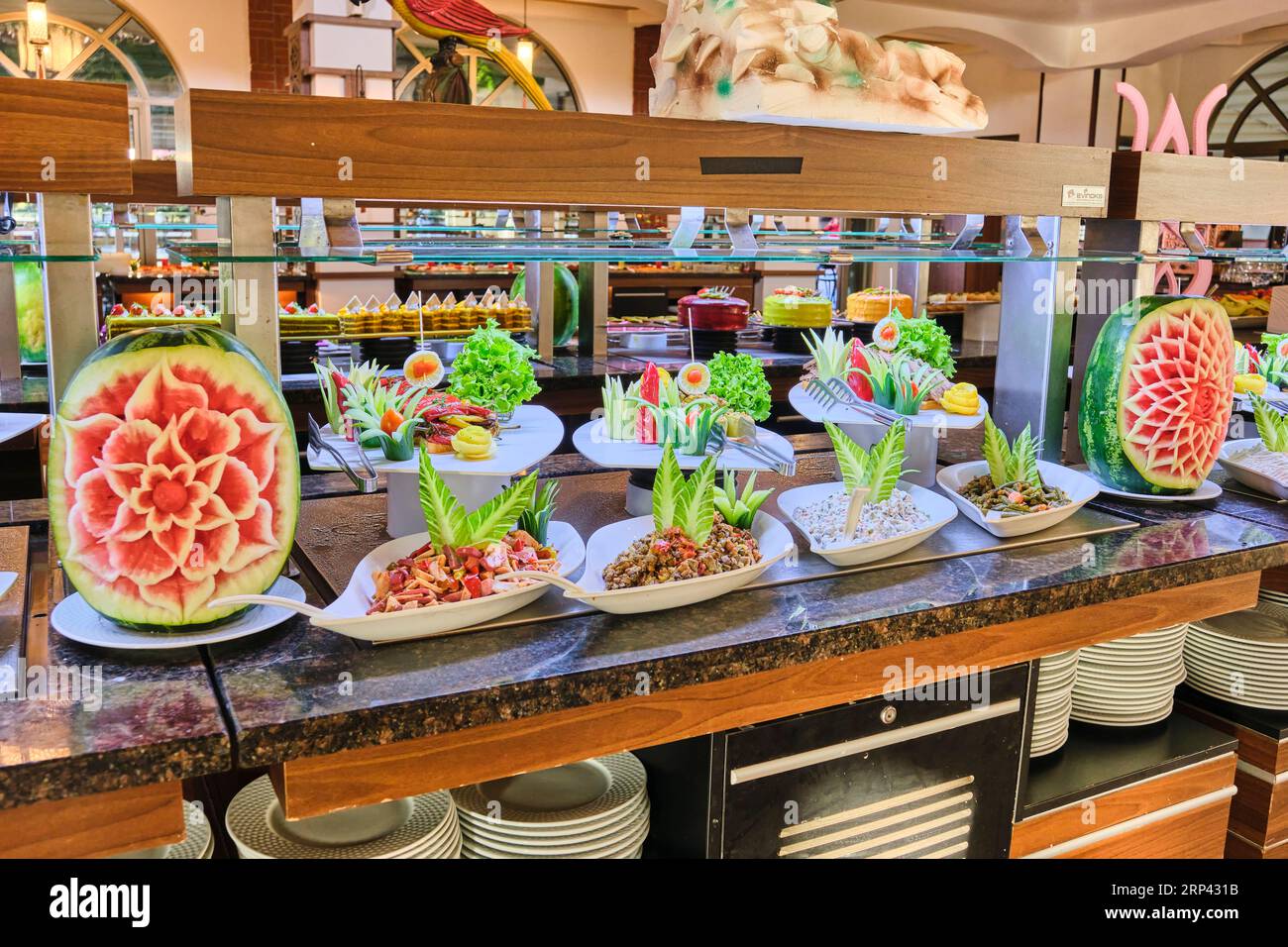 Self-service food court of a luxurious hotel. lounge of a nice hotel ...