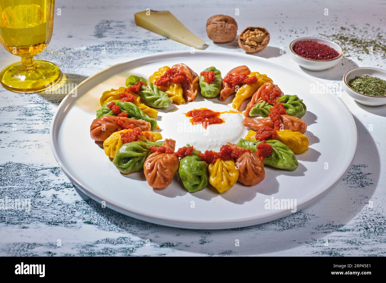Traditional Turkish food and Ravioli, Manti, on a beautiful background ...