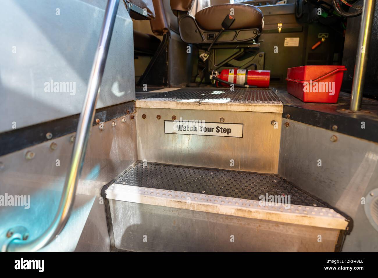 steps Interior, inside, of a american school bus Stock Photo - Alamy