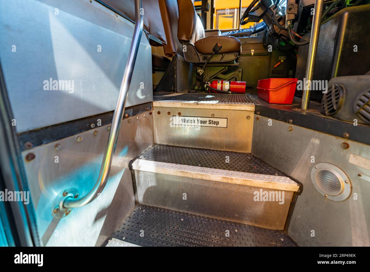 steps Interior, inside, of a american school bus Stock Photo - Alamy