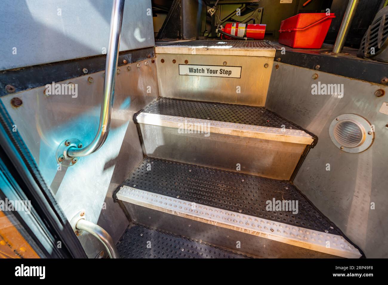 steps Interior, inside, of a american school bus Stock Photo - Alamy