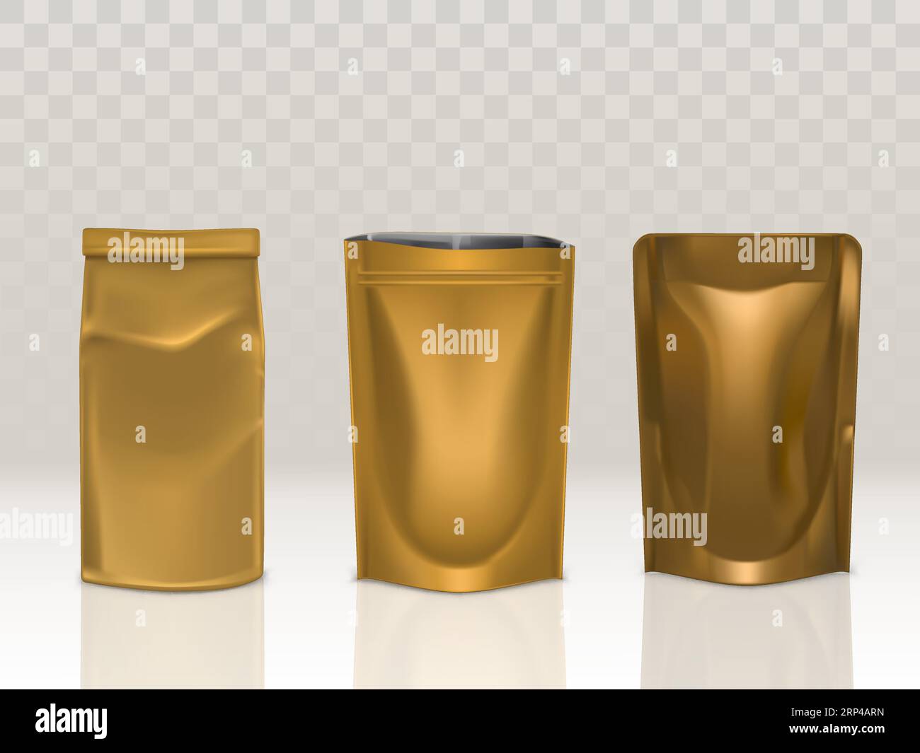 Golden paper or foil sachet pouch with clip and doy pack set isolated ...