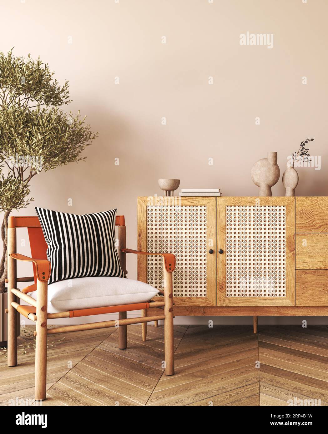Japanese boho beige interior with armchair and ethnic commode ...