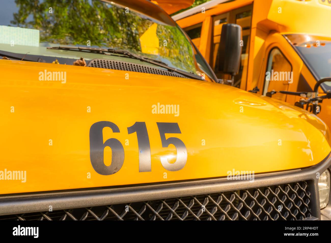 Front of a parked yellow school bus number 615 Stock Photo - Alamy