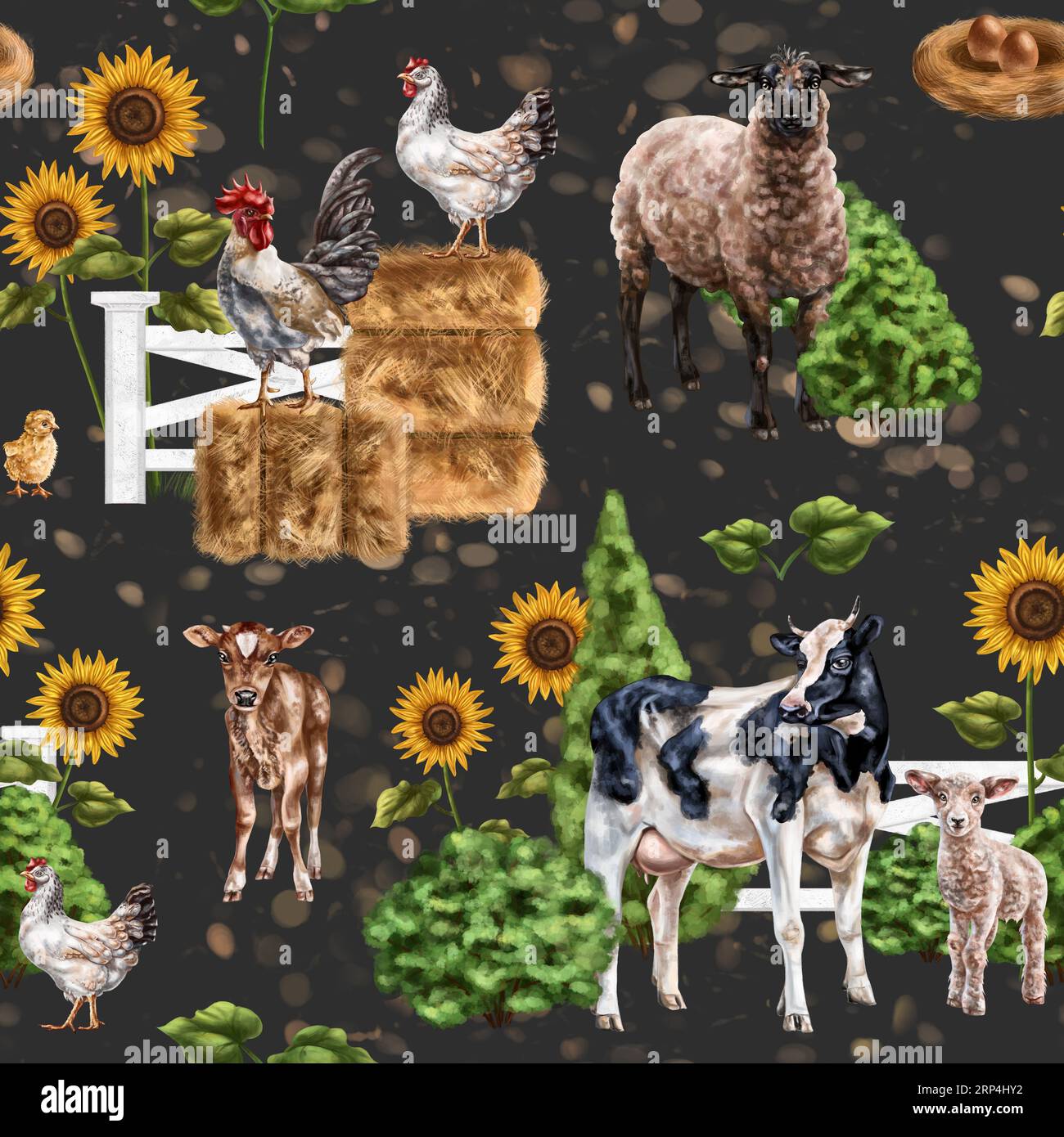 Farm animals in a meadow on a pasture. Cows, sheep and chickens on a ...