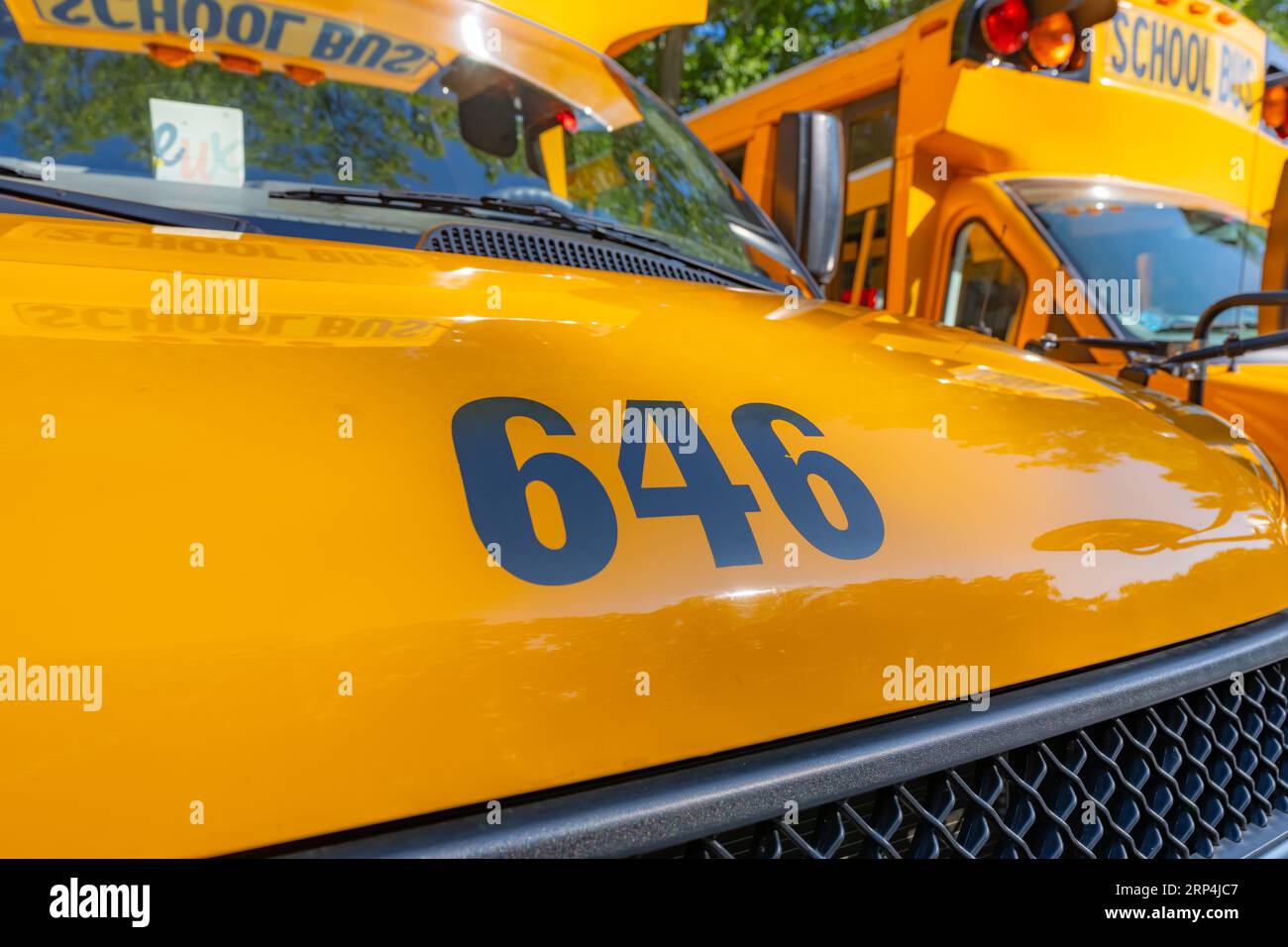Front of a parked yellow school bus number 646 Stock Photo - Alamy