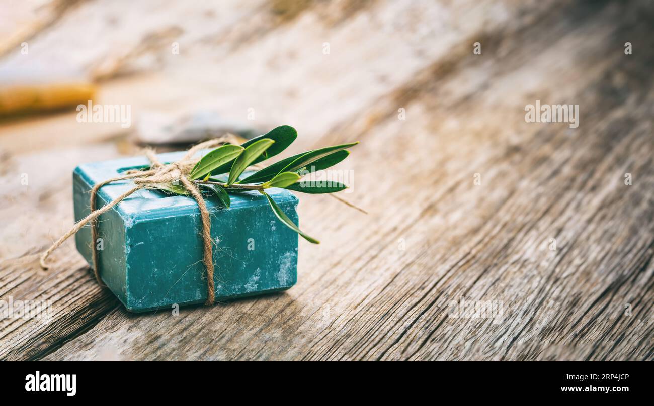 Natural handmade soap bar on wooden blur background. Homemade organic ...