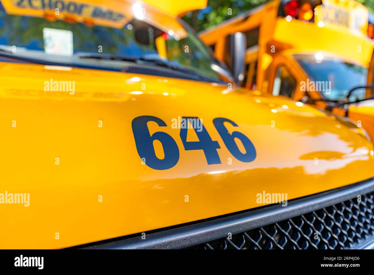 Front of a parked yellow school bus number 646 Stock Photo - Alamy
