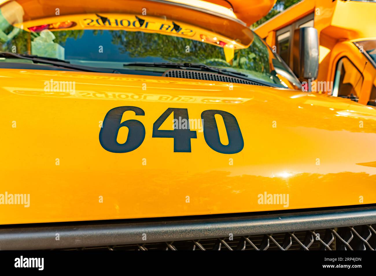 Front of a parked yellow school bus number 640 Stock Photo - Alamy