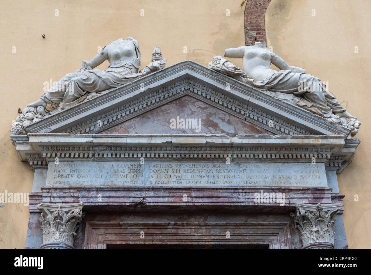 Detail of the marble portal with headless sculptures of Palazzo Lamba ...