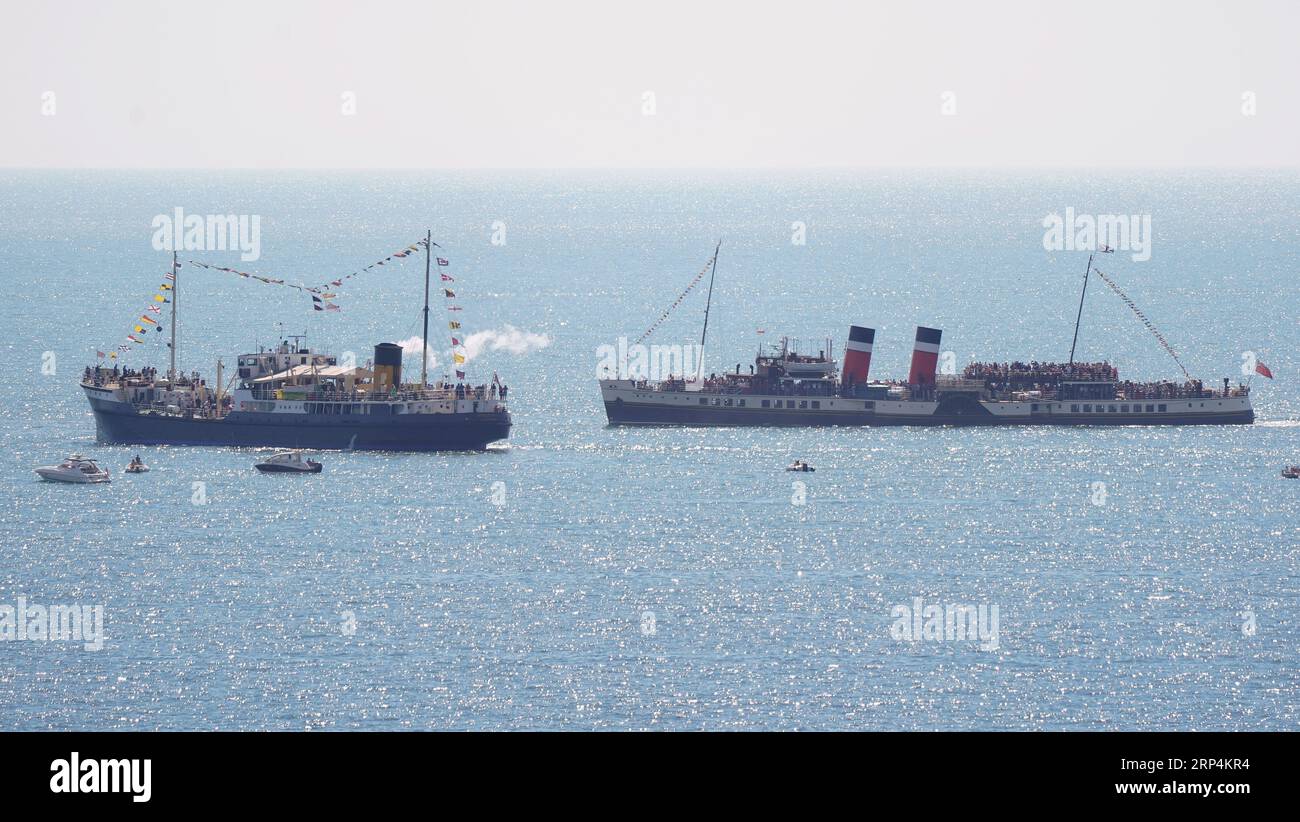 Steam ship SS Shieldhall (left) and paddle steamer PS Waverley in Poole ...