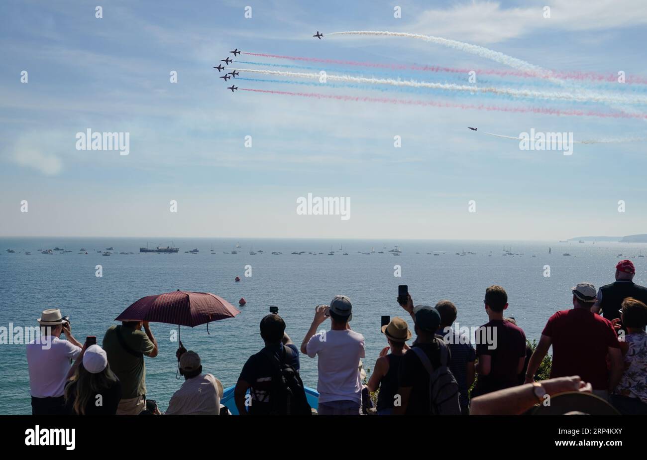 The RAF Red Arrows display team perform over the sea at the Bournemouth ...