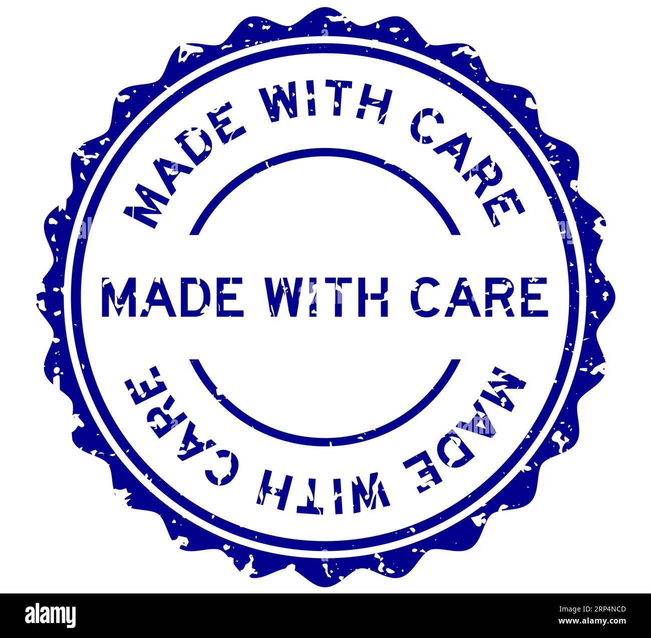 Grunge blue made with care word round rubber seal stamp on white ...