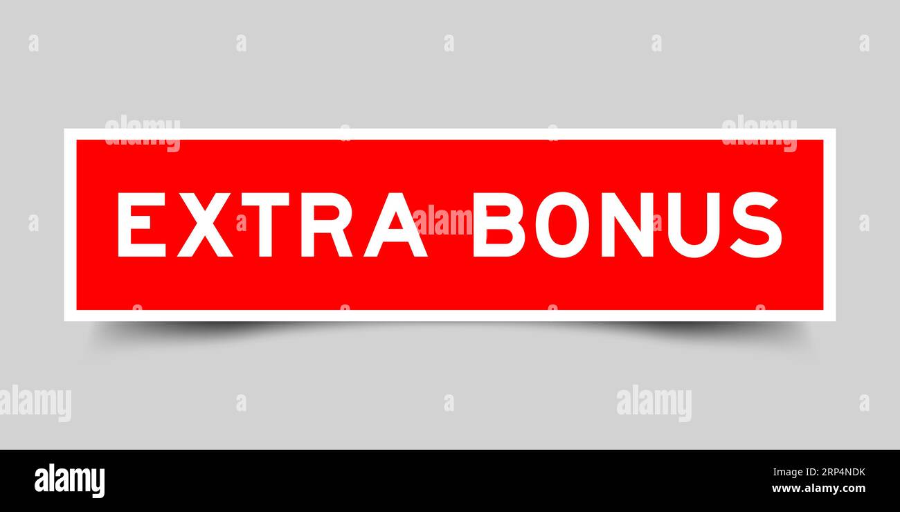 Red color square shape sticker label with word extra bonus on gray ...